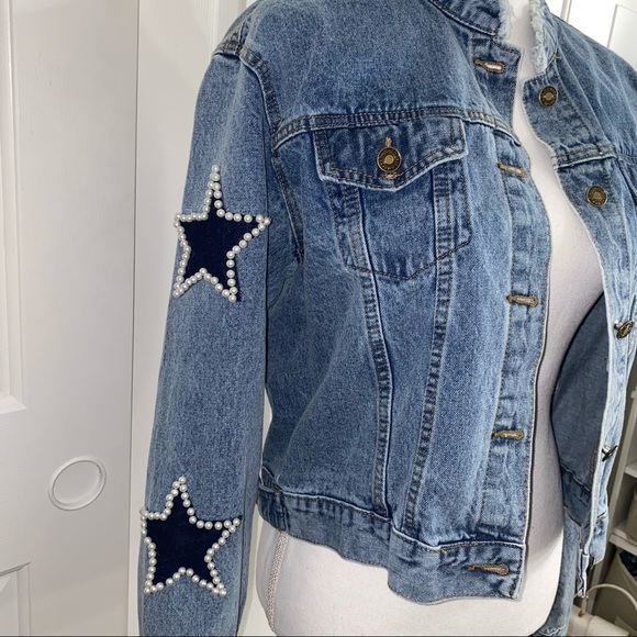 Hengsheng | Jackets & Coats | Embroidered Stars Pearl Denim Jacket ...